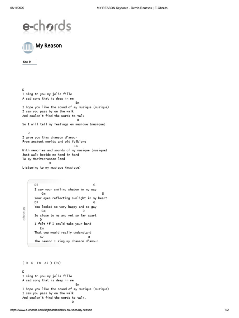 MY REASON Keyboard - Demis Roussos - E-Chords D | PDF