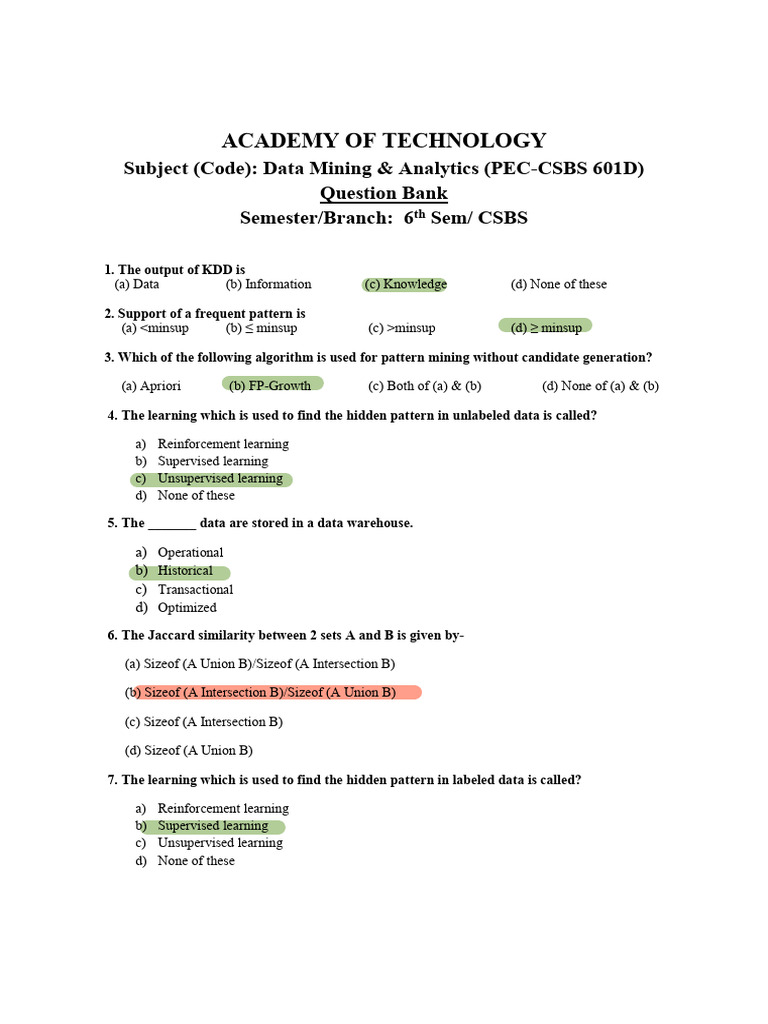 CA2-Question Bank MCQ (PEC-CSBS601D) | PDF | Data Warehouse | Data Mining