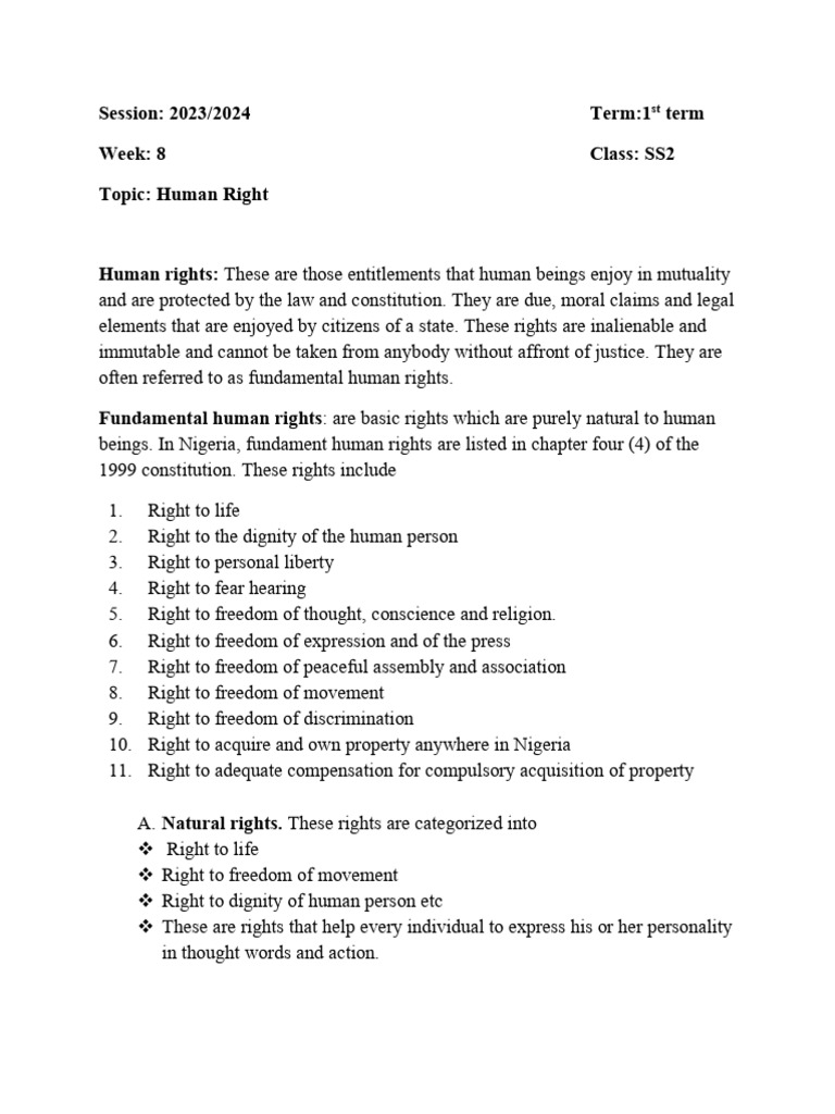 Civic Edu SS2 Lesson Notes WK 8 | PDF | Human Rights | Rights