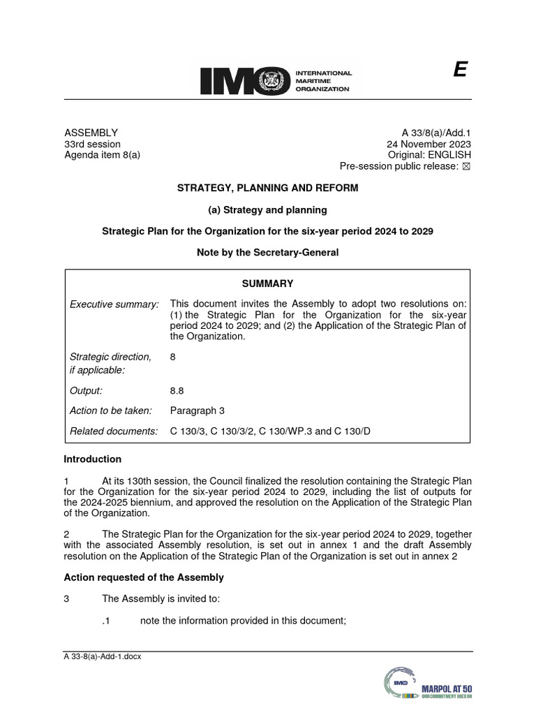 IMO Strategic Plan 2024-2029 Approval | PDF | Sustainability | Climate ...