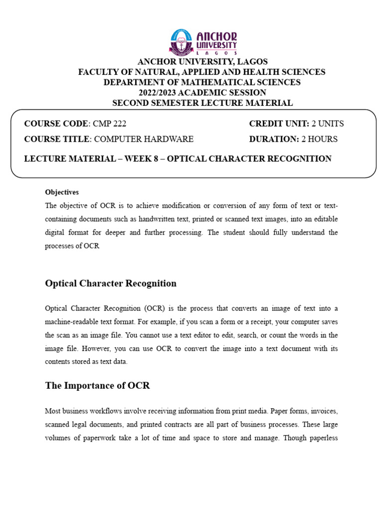 CMP 222 Week 8 - Optical Character Recognition | PDF | Optical Character Recognition | Image Scanner