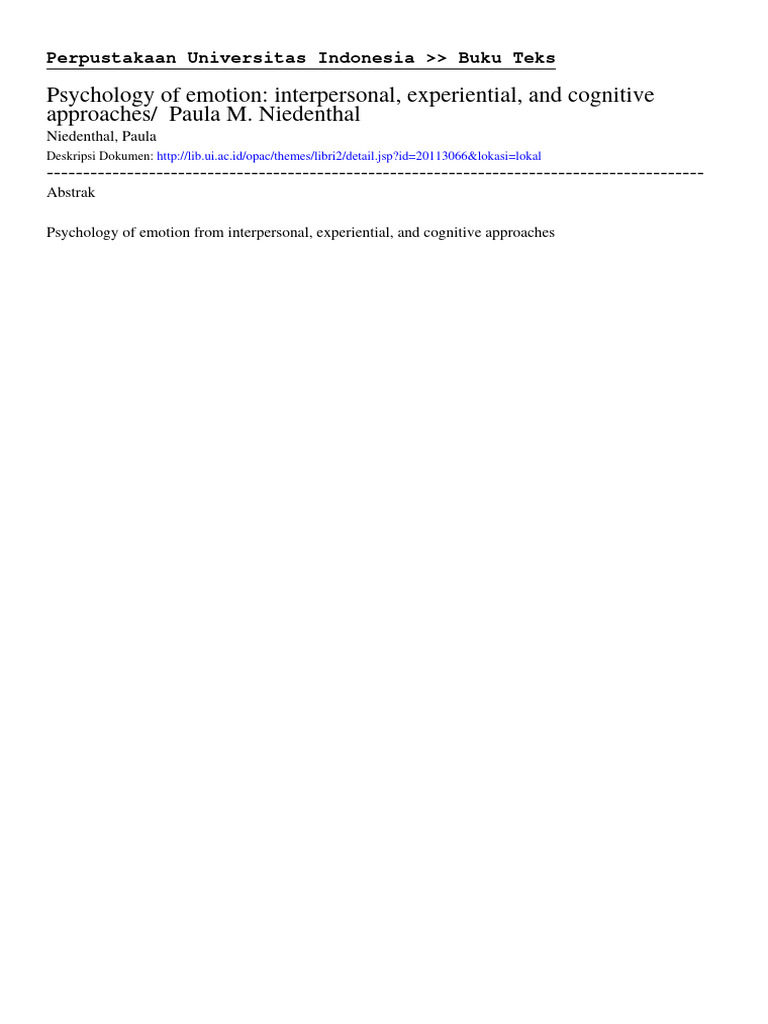 Psychology of Emotion: Interpersonal, Experiential, and Cognitive Approaches/ Paula M ...