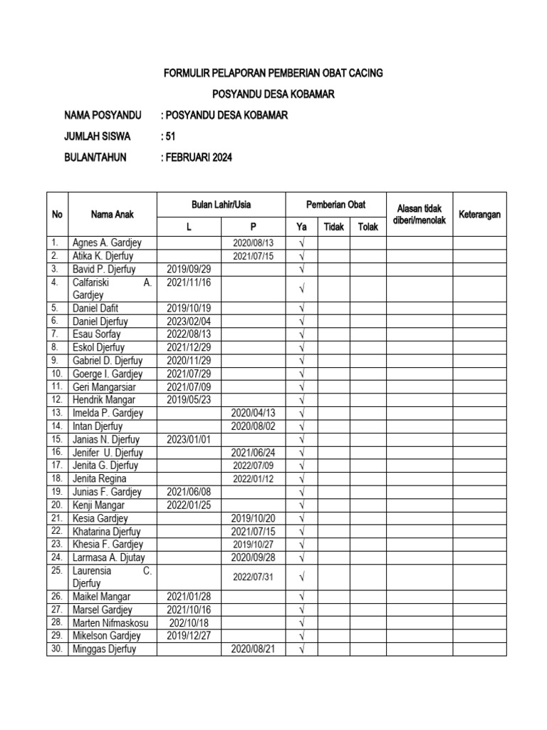 Formulir Obat Cacing Posyandu KBR | PDF