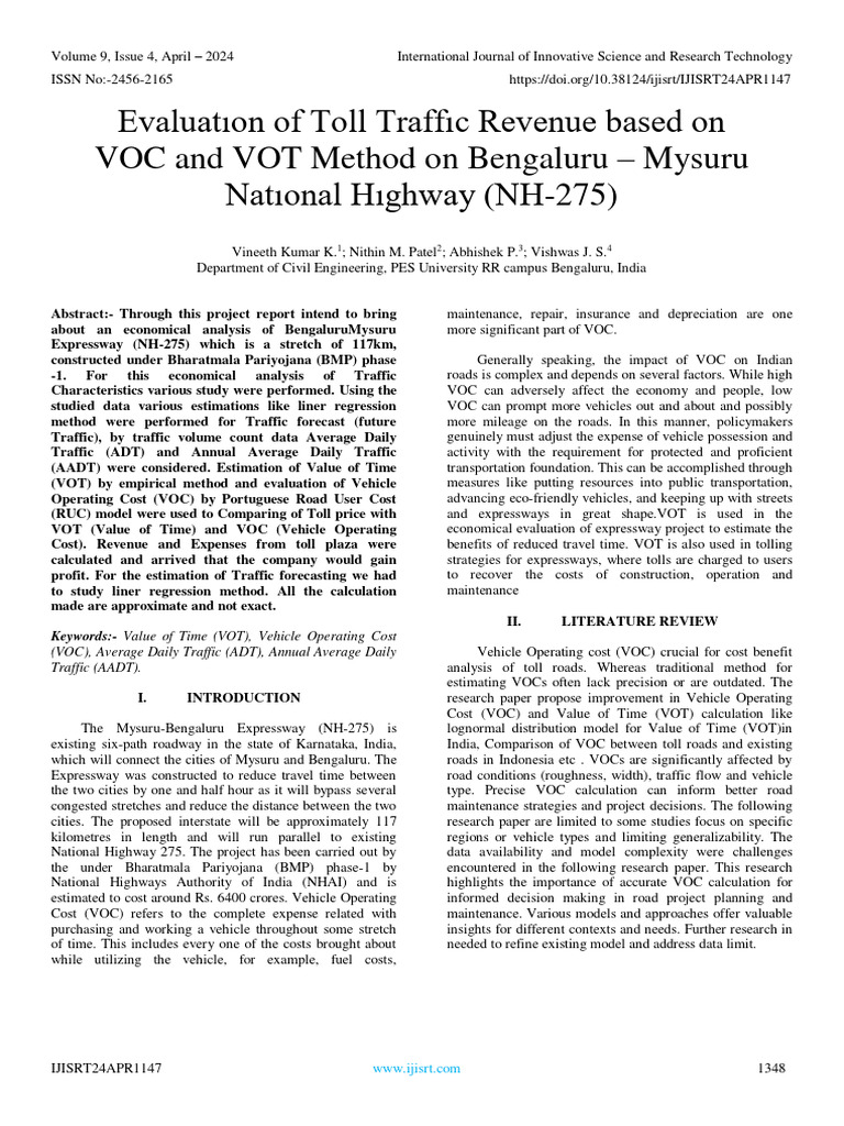 Evaluatıon of Toll Traffıc Revenue Based On VOC and VOT Method On Bengaluru - Mysuru Natıonal ...