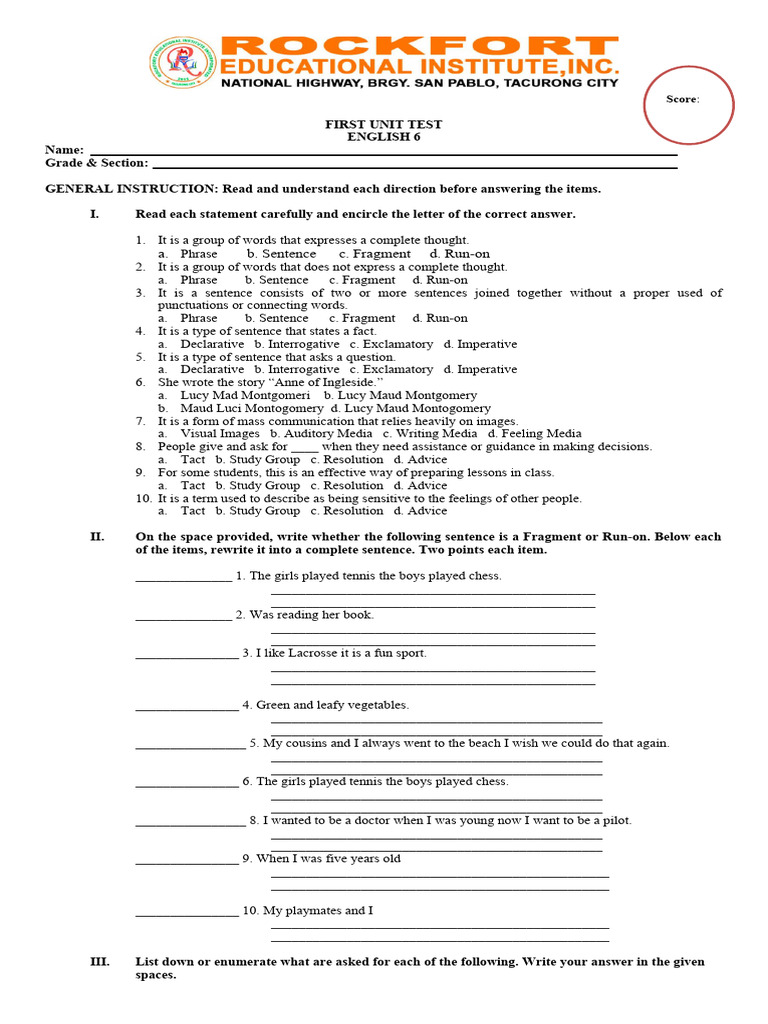 First Unit Test - English 6 | PDF | Sentence (Linguistics) | Question