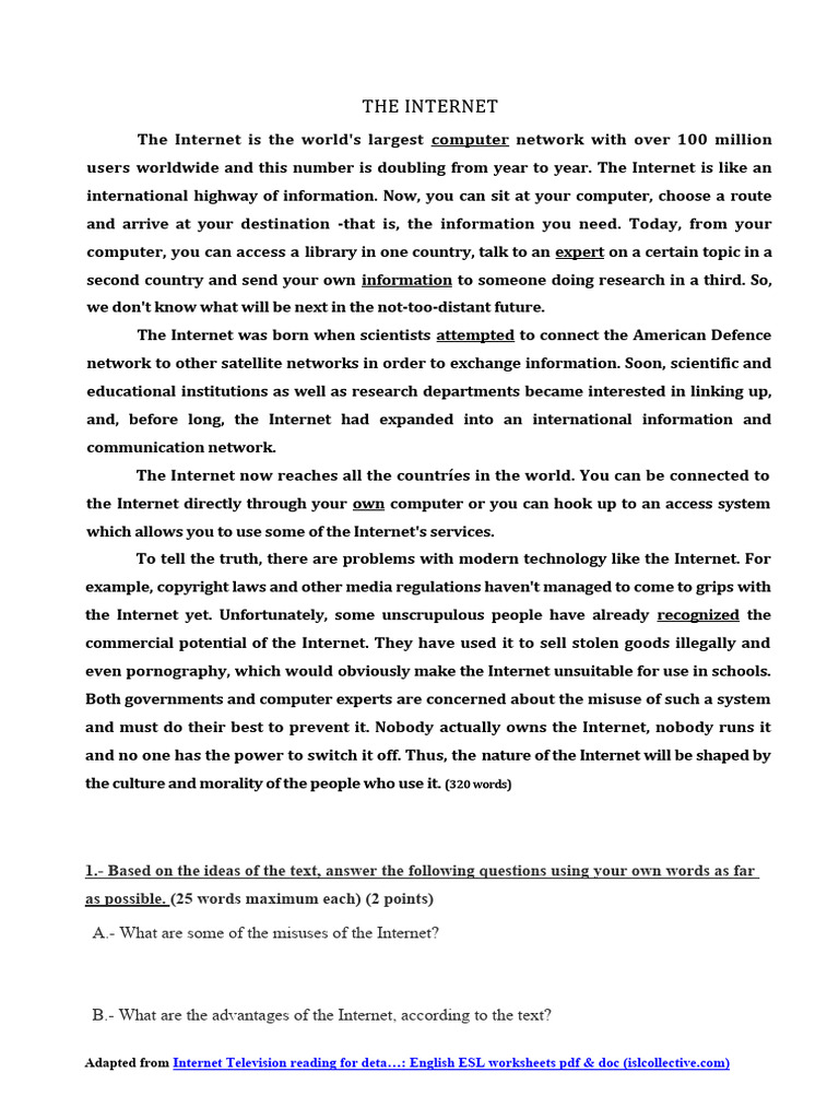 Internet Fun Activities Games Reading Comprehension Exercis - 7074 ...