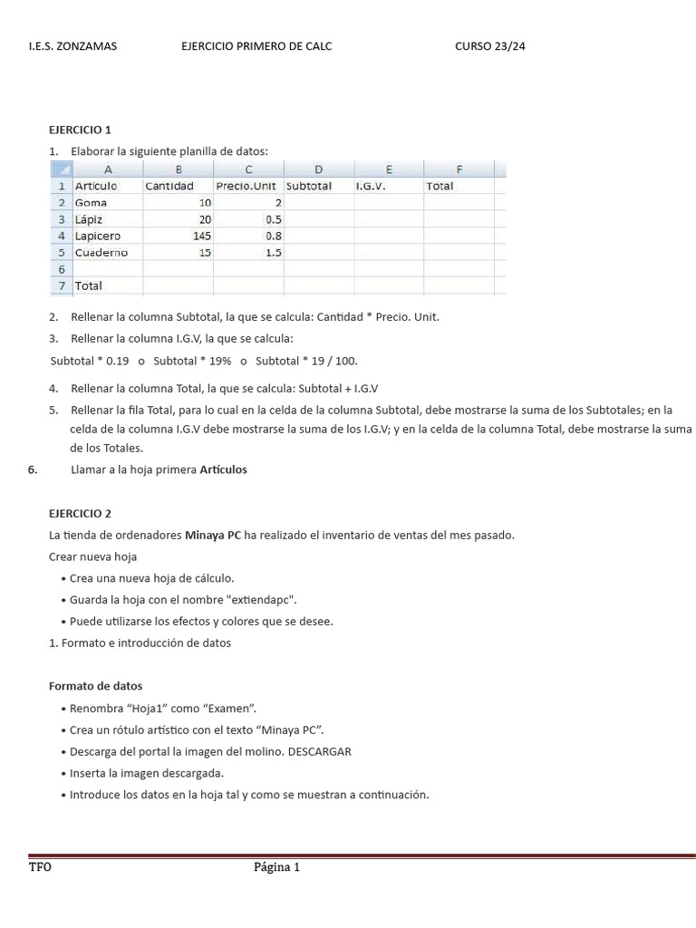 Ejercicio 1 de Calc | PDF
