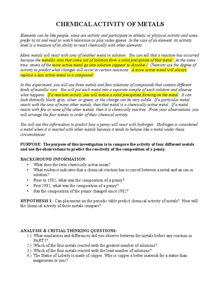 Chemical Activity of Metal and A Penny | PDF | Metals | Chemical Reactions