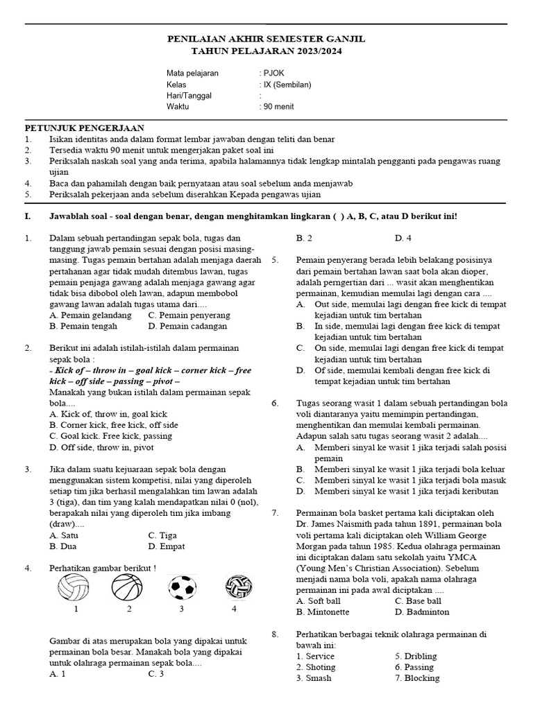 Soal PAS PJOK Kelas 9 | PDF