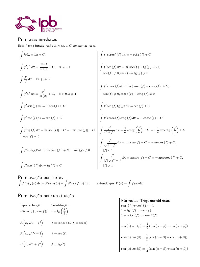 Tabela Primitivas | Download grátis PDF | Analise matemática ...