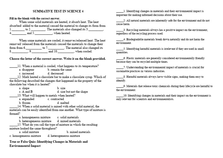 Science Test for 4th Graders | PDF | Mixture | Recycling