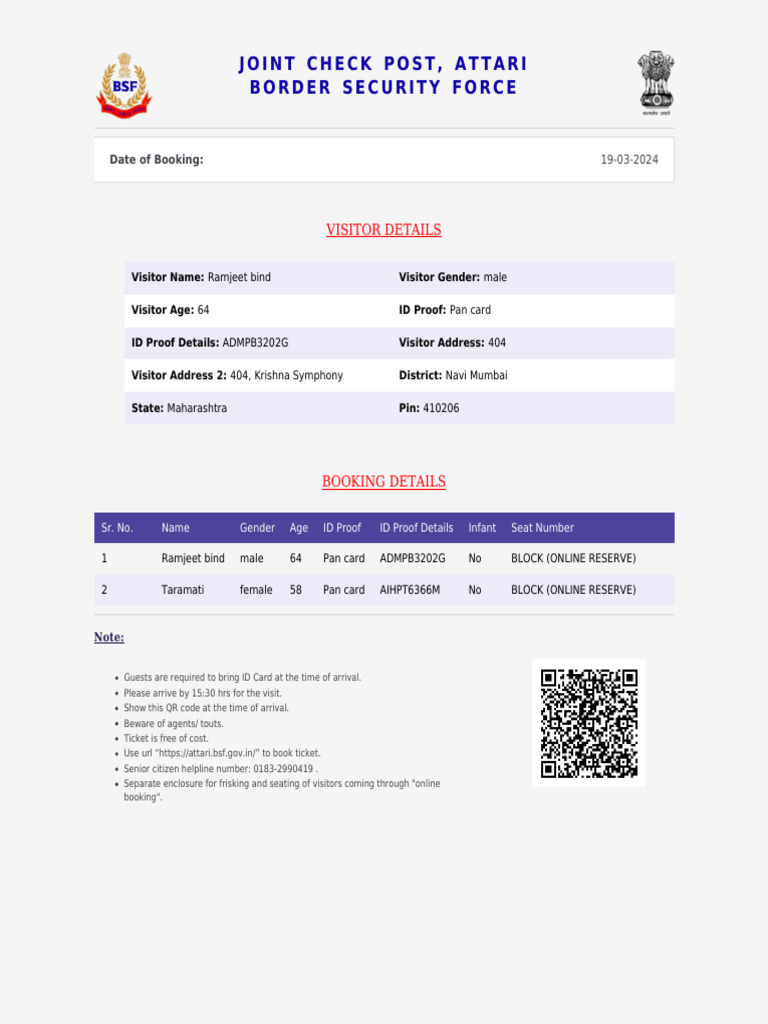 Joint Check Post, Attari Border Security Force: Visitor Details | PDF
