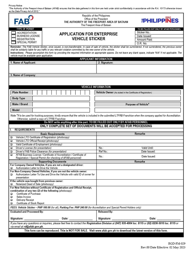AFAB Enterprise Vehicle Sticker Form | PDF | Transport