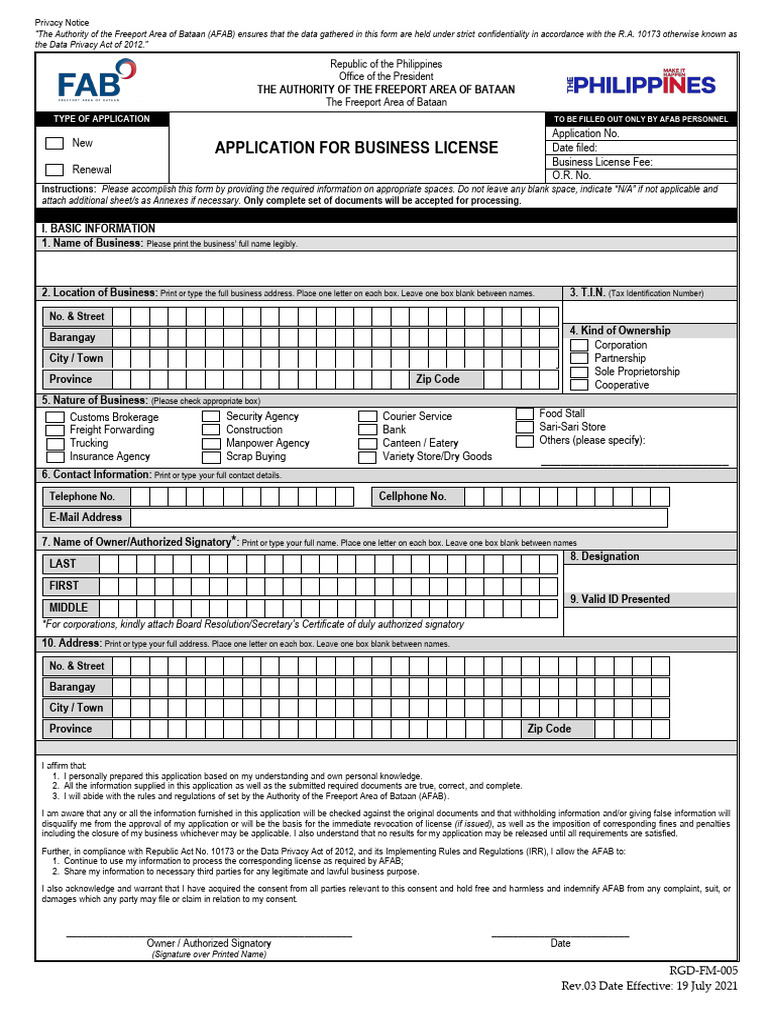 RGD-FM-005 - Application For Business License - Rev.03 - Fillable | PDF ...