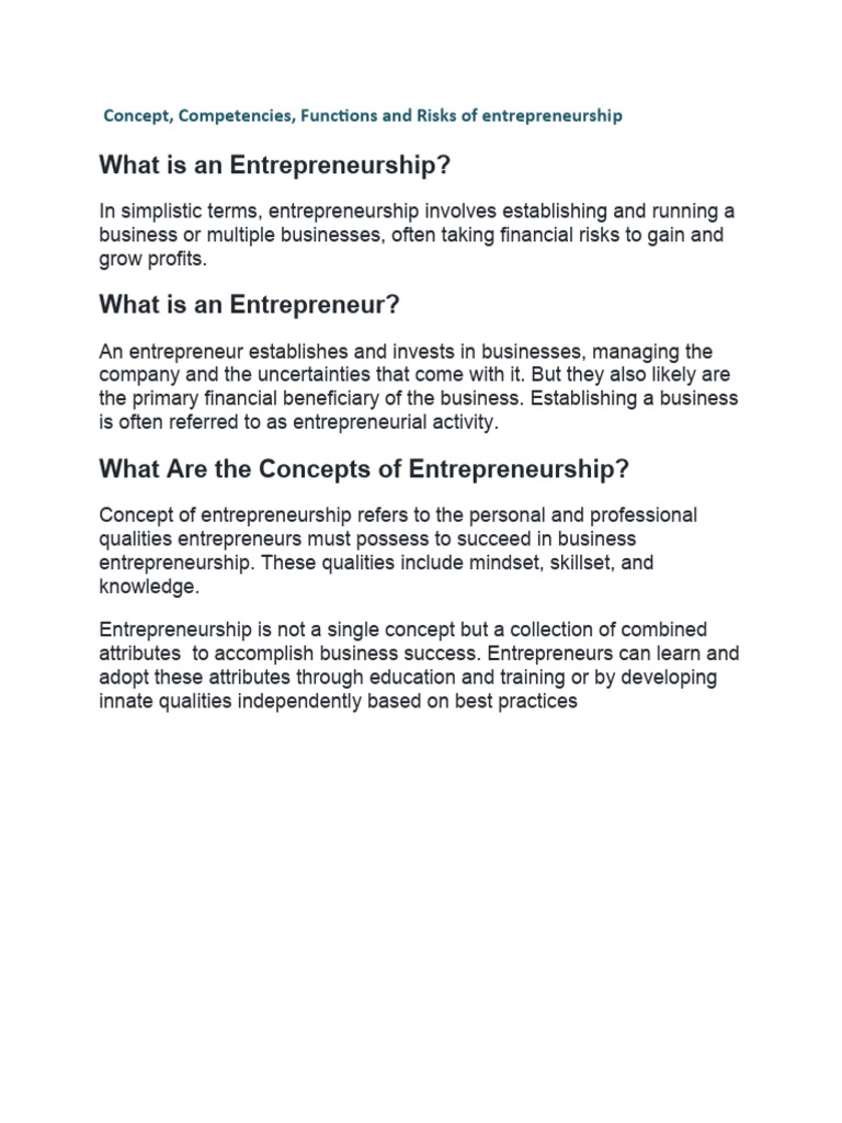 Key Concepts and Risks in Entrepreneurship | PDF | Entrepreneurship ...