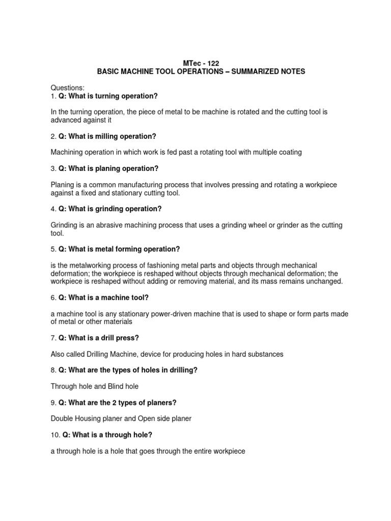 BASIC MACHINE TOOL OPERATIONS Questions | PDF | Machining | Drilling