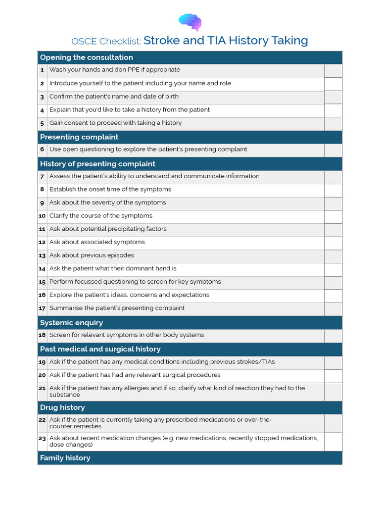 OSCE Checklist Stroke and TIA History Taking | PDF | Stroke | Patient