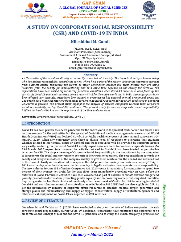 (48-50) A Study On Corporate Social Responsibility (CSR) and Covid-19 in India | PDF | Corporate ...