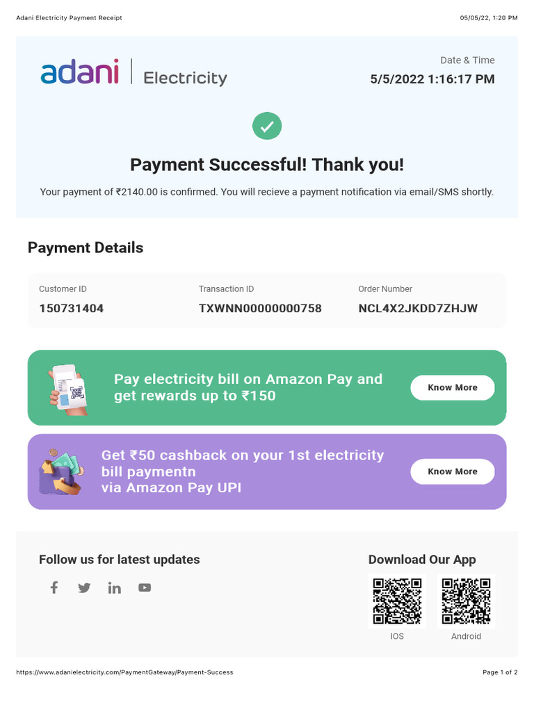 Adani Electricity Payment Receipt | PDF