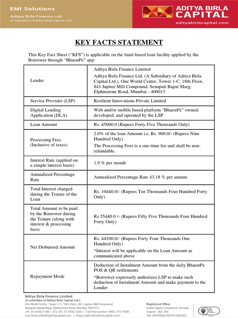 BharatPe Loan Key Facts Summary | PDF | Loans | Interest