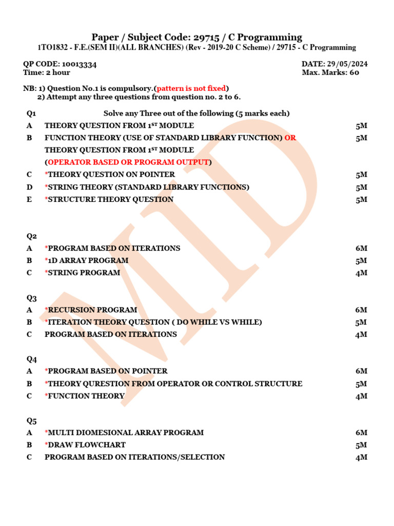 Mid C Paper Pattern | PDF | Algorithms And Data Structures | Computer Engineering