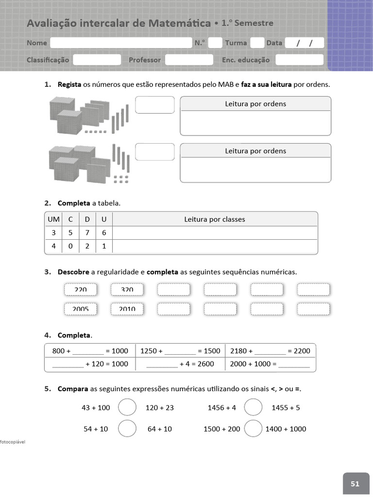 Avaliação Intercalar 1.º Semestre Mat 3º Ano | PDF | Xadrez