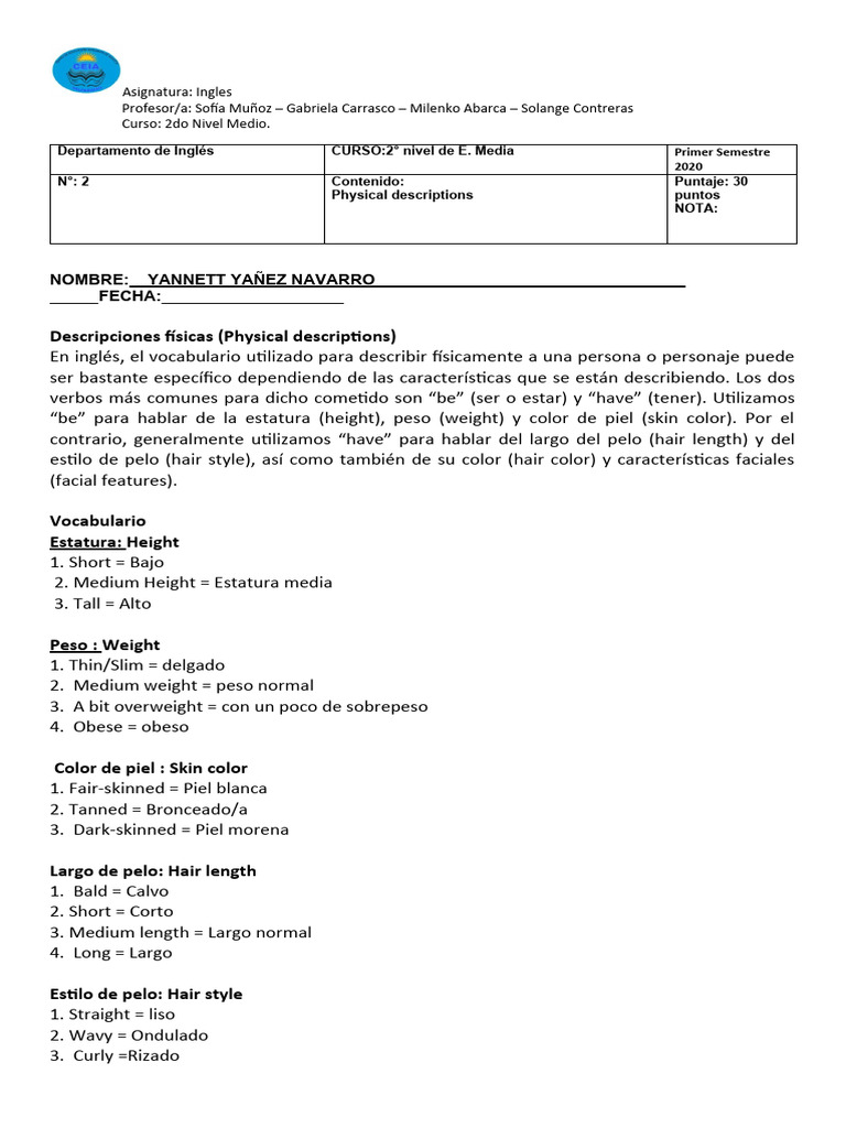 Guía #2 Segundo - INGLES TERMINADA | PDF Guía #2 Segundo - INGLES TERMINADA | PDF