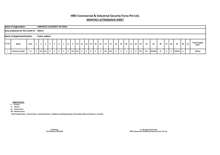 March Attendance Sheet for Employees | PDF