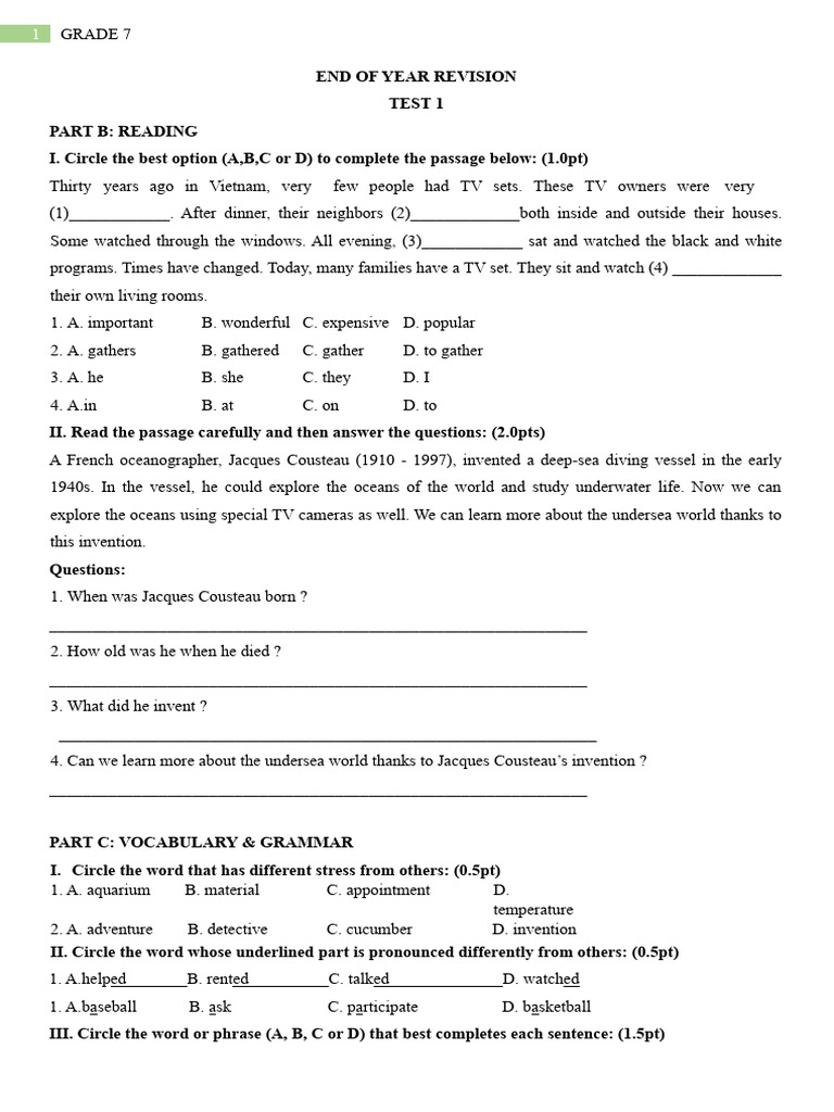 Grade 7 Reading and Grammar Test | PDF