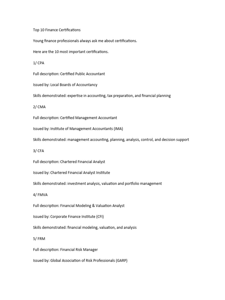 Top Finance Certifications Guide | PDF | Accountant | Financial Analyst