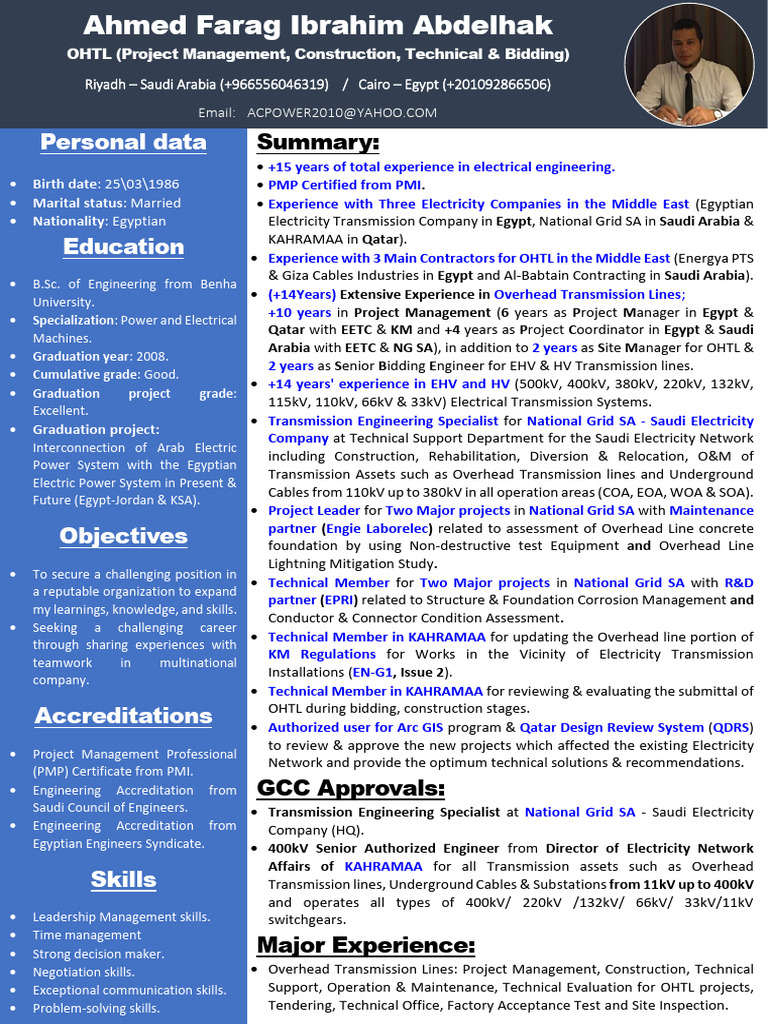 Eng. Ahmed Farag Ibrahim - PM OHTL & PSS - MAR. 2024 | PDF | Electric Power Transmission ...