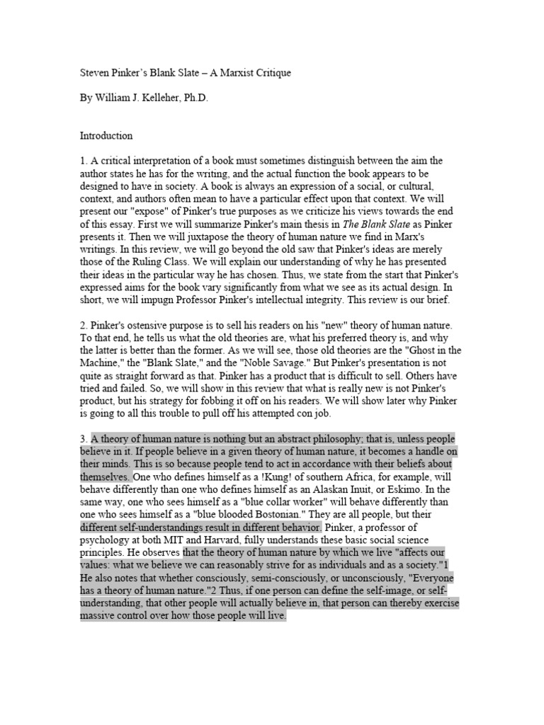 Steven Pinker Blank Slate A Marxist Crit | PDF | Karl Marx | Mind