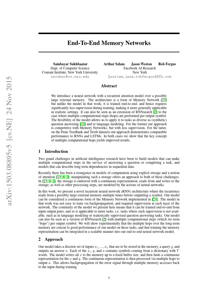 End-To-End Memory Networks | Download Free PDF | Artificial Neural Network | Machine Learning