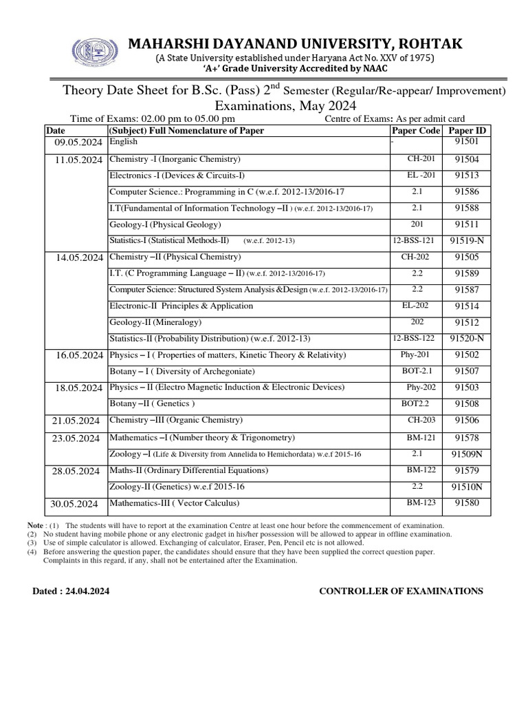 B.Sc. 2nd Semester Exam Schedule 2024 | PDF | Physical Sciences