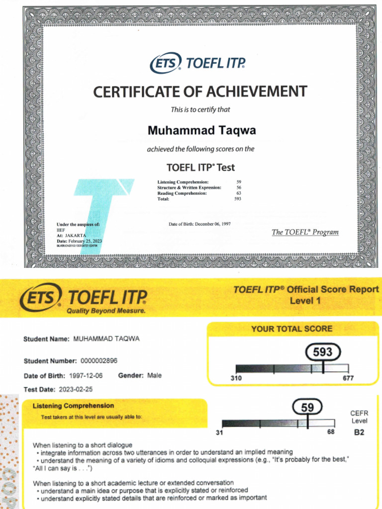 TOEFL ITP Certificate | PDF