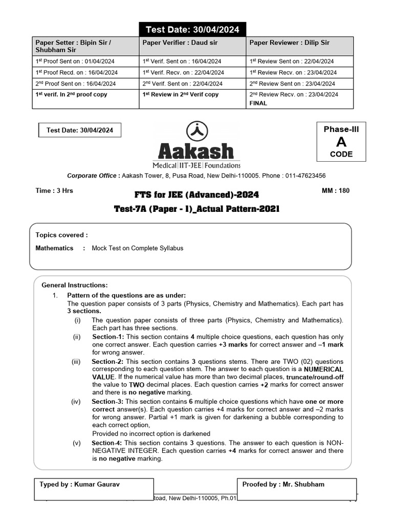 FTS-7A Paper-1 Code-A Phase-3 JEE Advanced 30-04-2024 Mathematics FINAL ...