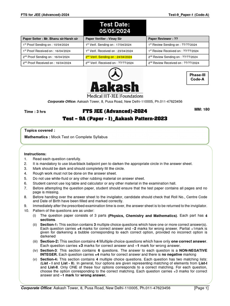 JEE Advanced 2024 Test Paper 1 Details | PDF | Integer | Multiple Choice