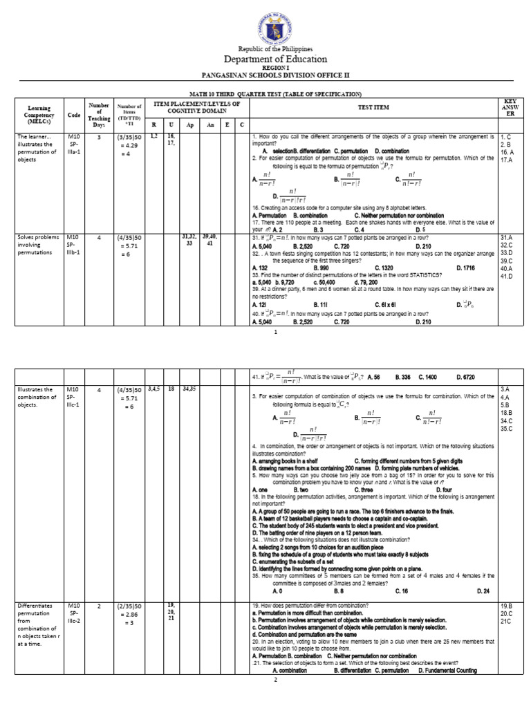 TOS-Math-10 - 3rd Quarter - Final | PDF | Permutation | Probability