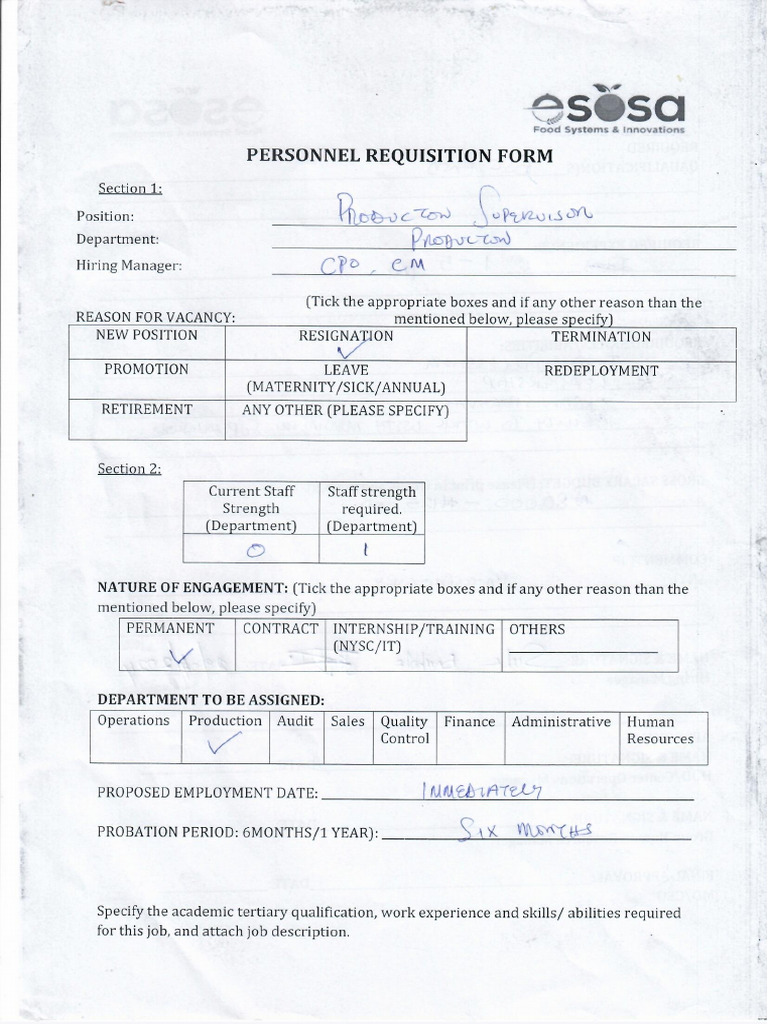 Efs Abuja Center Personnel Requisition - Production Supervisor | PDF
