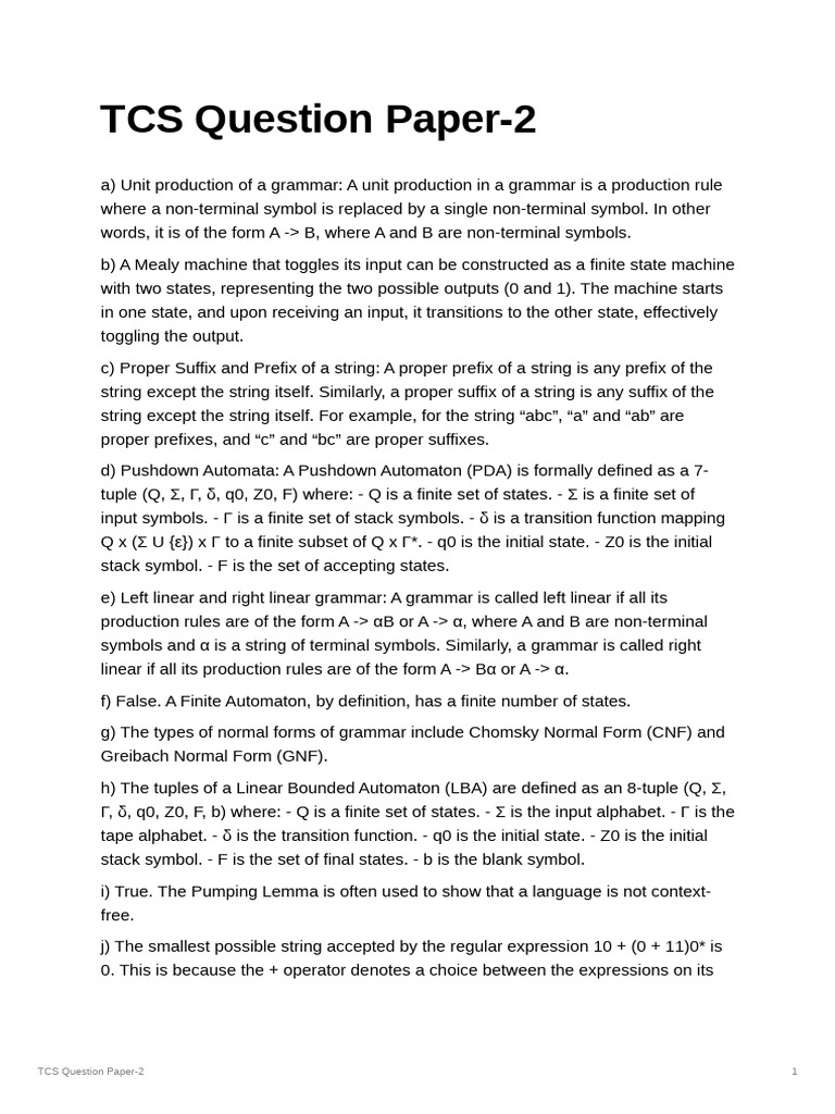 TCS Question Paper-2 | PDF | Syntax | Formal Methods