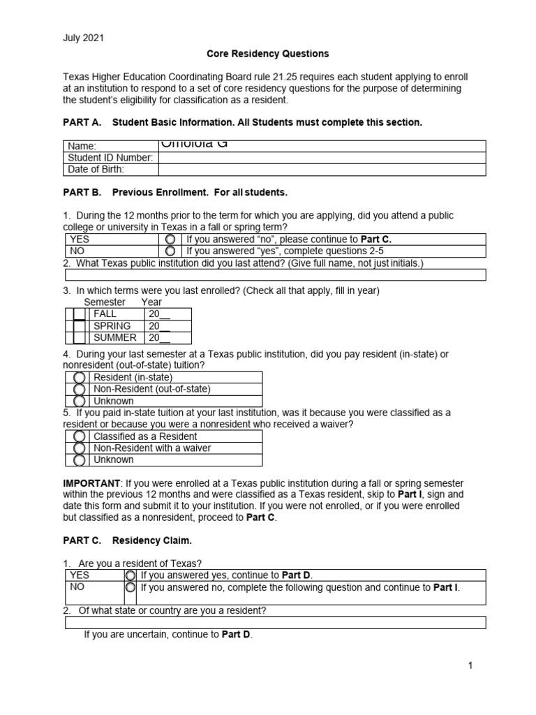 Core Residency Questionnaire for Texas Students | PDF | Deed