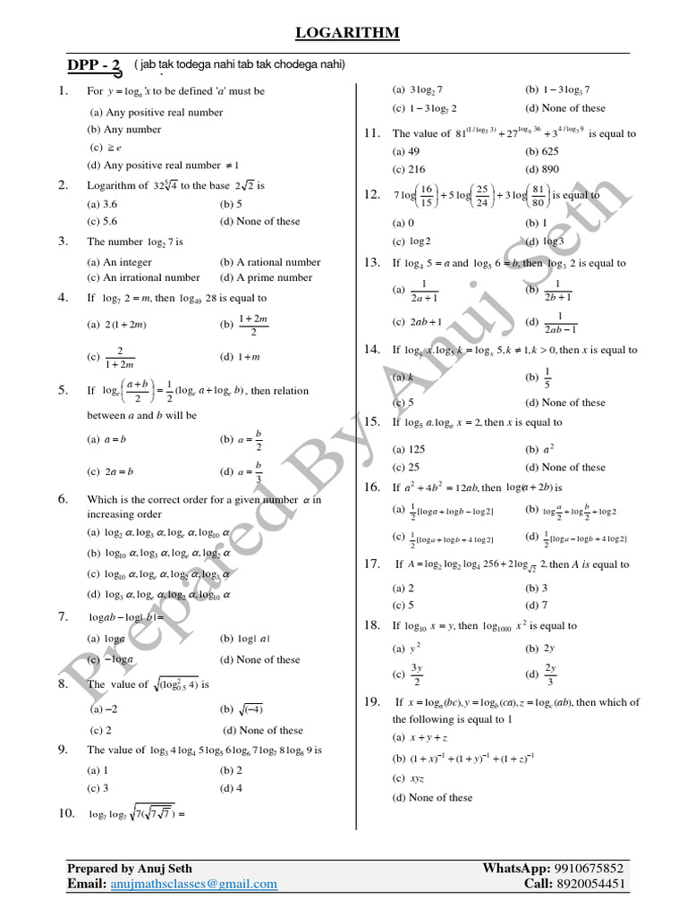 Logarithm DPP - 2: (Jab Tak Todega Nahi Tab Tak Chodega Nahi) | PDF | Numbers | Mathematical ...