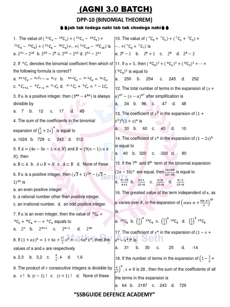 Dpp-10 (Binomial Theorem) : C R 1 C C 1 | PDF | Number Theory | Arithmetic