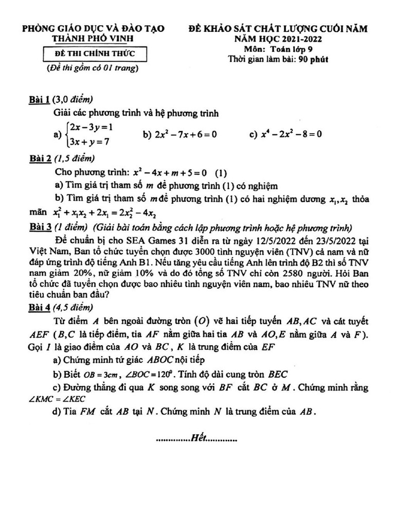 De KSCL Toan 9 Cuoi Nam 2021 2022 Phong GDDT Thanh Pho Vinh Nghe An | PDF