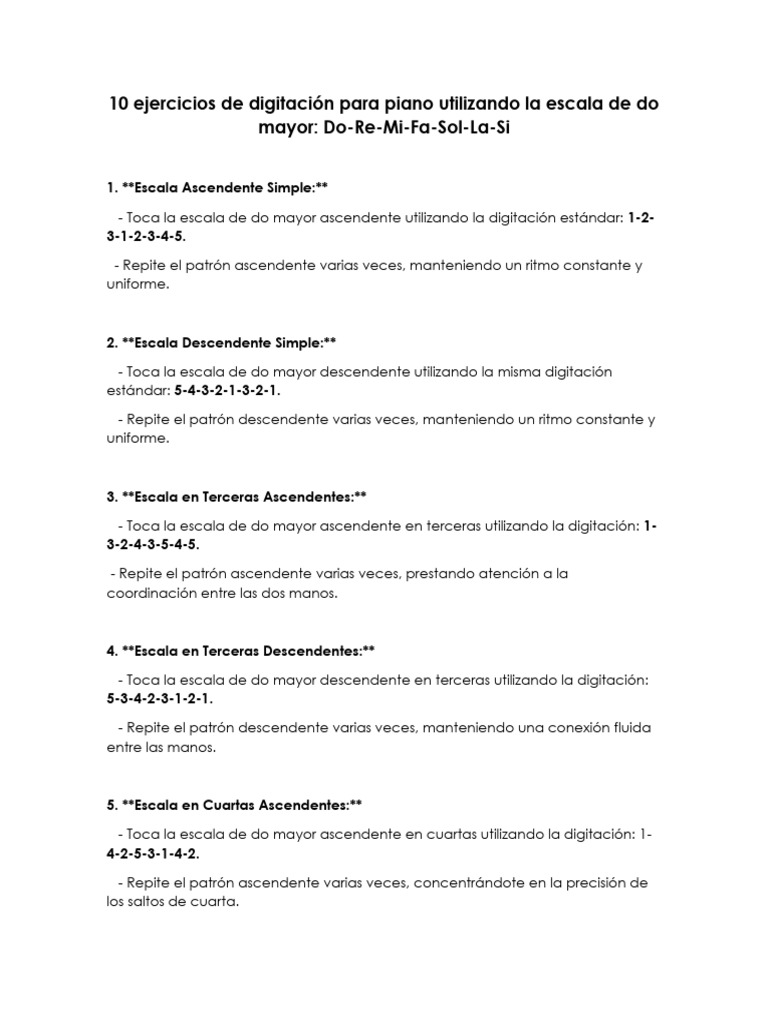 Ejercicios de Digitación en Piano | PDF | Escala (música ...