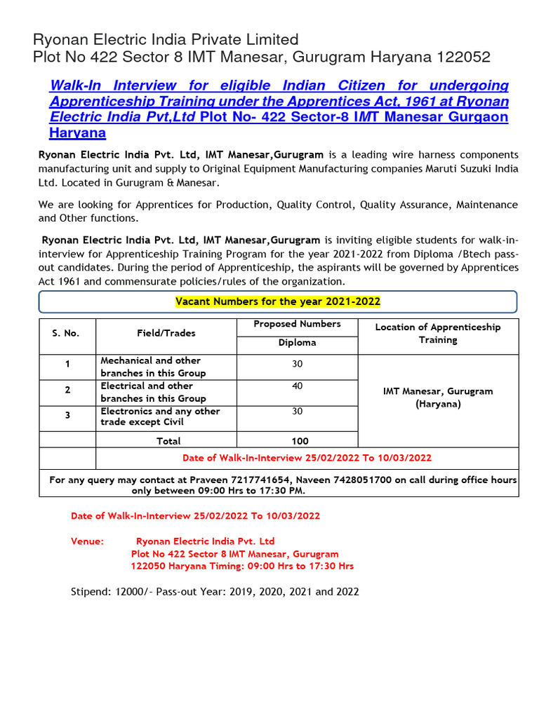 Walk in Interview Ryonan Electric India PVT Limited | PDF | Apprenticeship