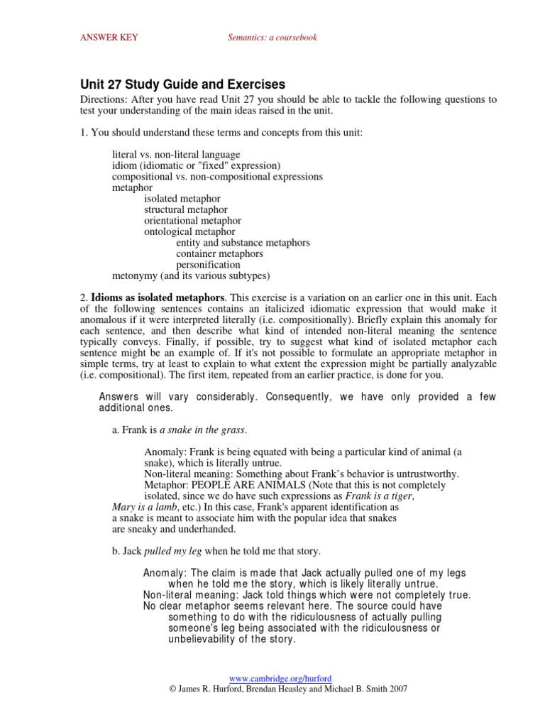 Unit 27 Study Guide and Exercises | PDF | Metaphor | Idiom