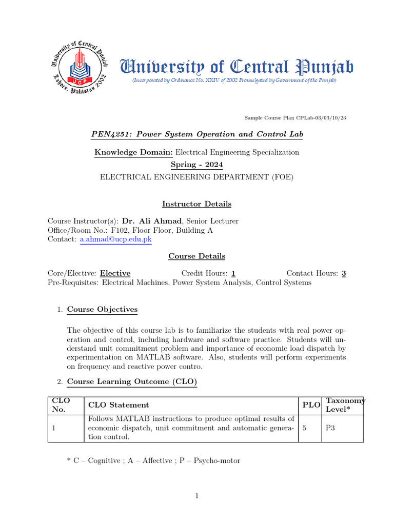 PEN4251 - Power System Operation & Control Lab Course Outline | PDF PEN4251 - Power System Operation & Control Lab Course Outline | PDF