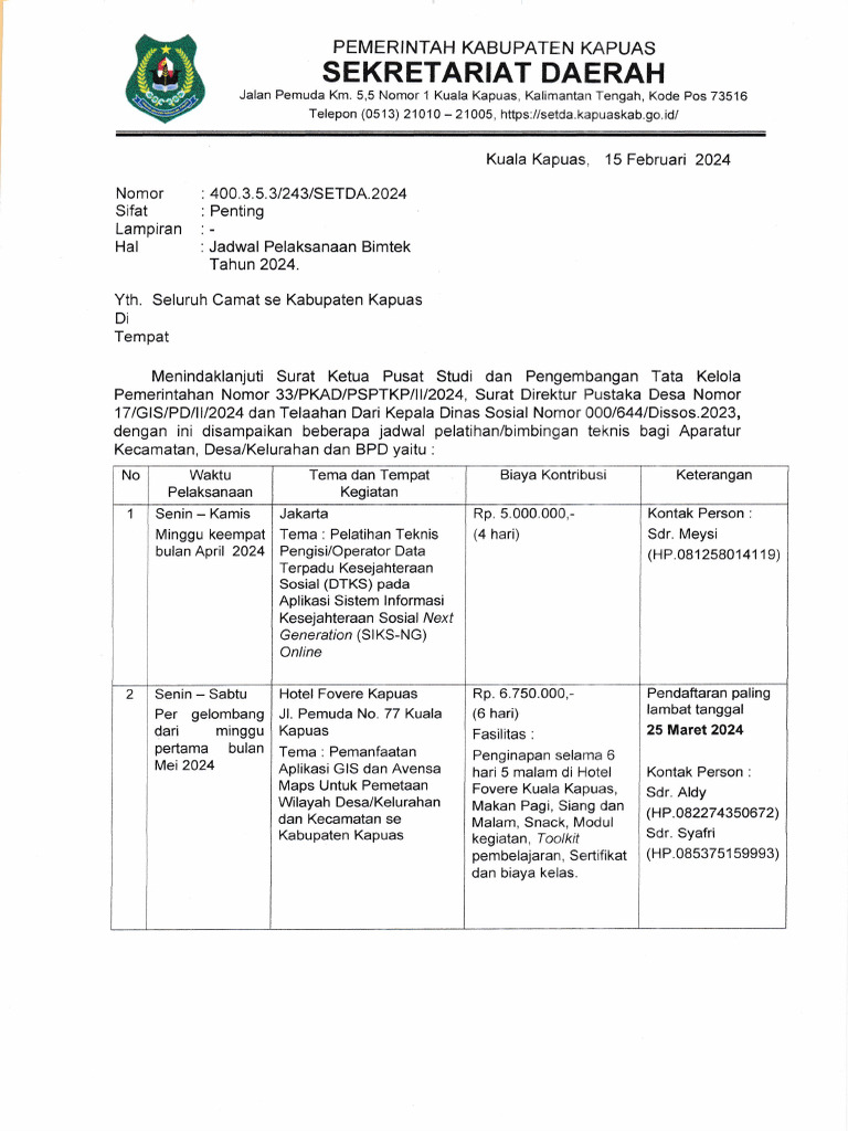 Jadwal Bimtek Dan Pelatihan Tahun 2024 | PDF