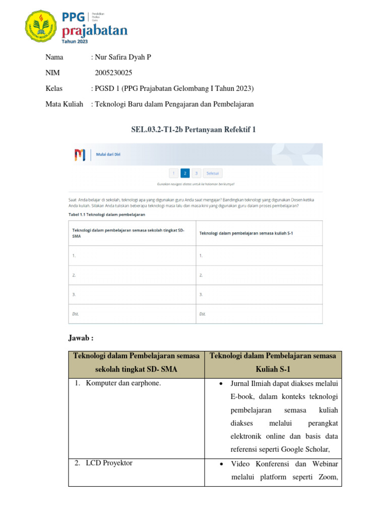 SEL.03.2-T1-2b Pertanyaan Refektif 1 - Nur Safira Dyah P - 2005230025 | PDF